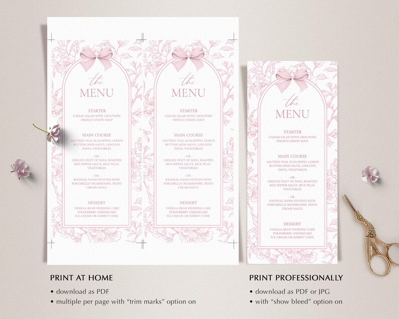 Pink Toile Menu Template, Double Sided Menu With Thank You Note • INSTANT DOWNLOAD • Editable ...