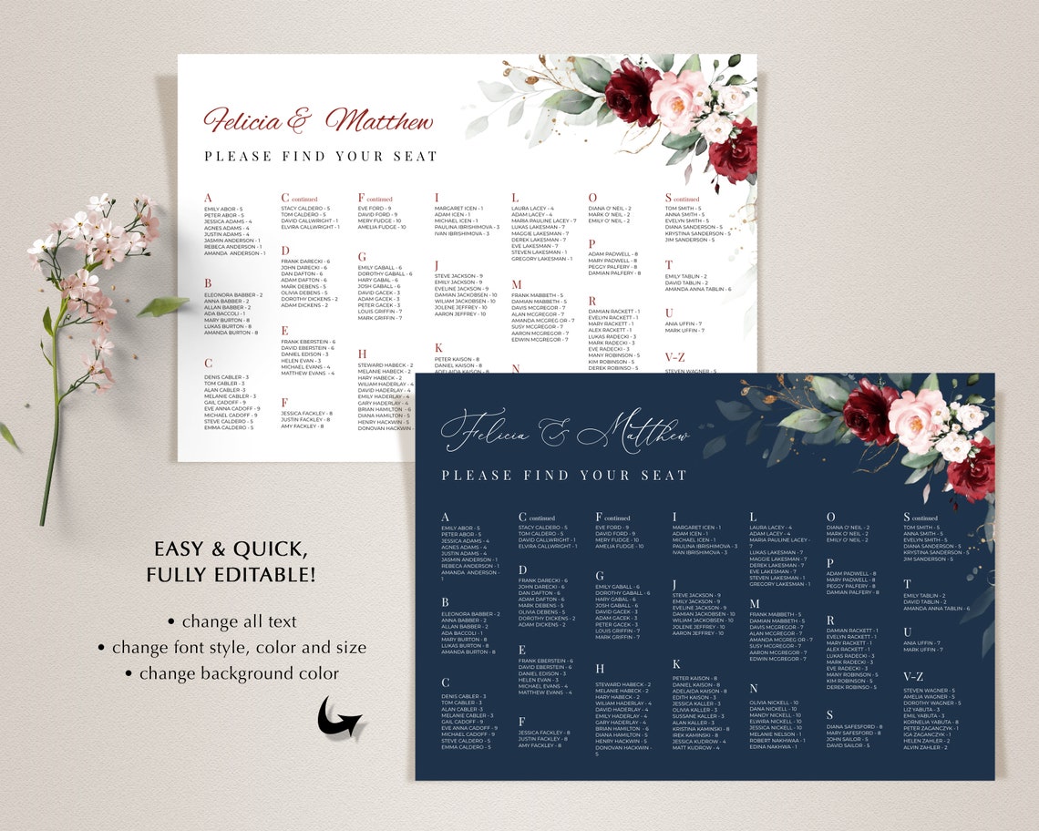 Alphabetical Wedding Seating Chart Template With Burgundy and - Etsy