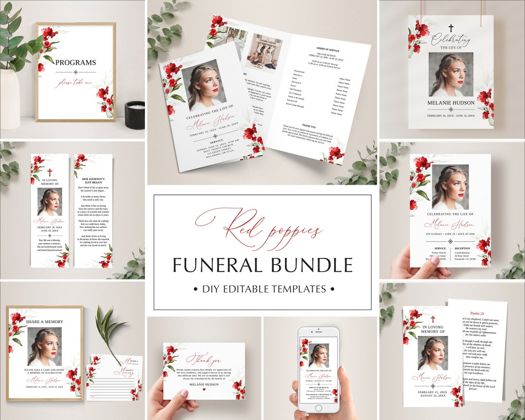 Red Poppies Funeral Template Bundle, Memorial Template Package, Funeral ...