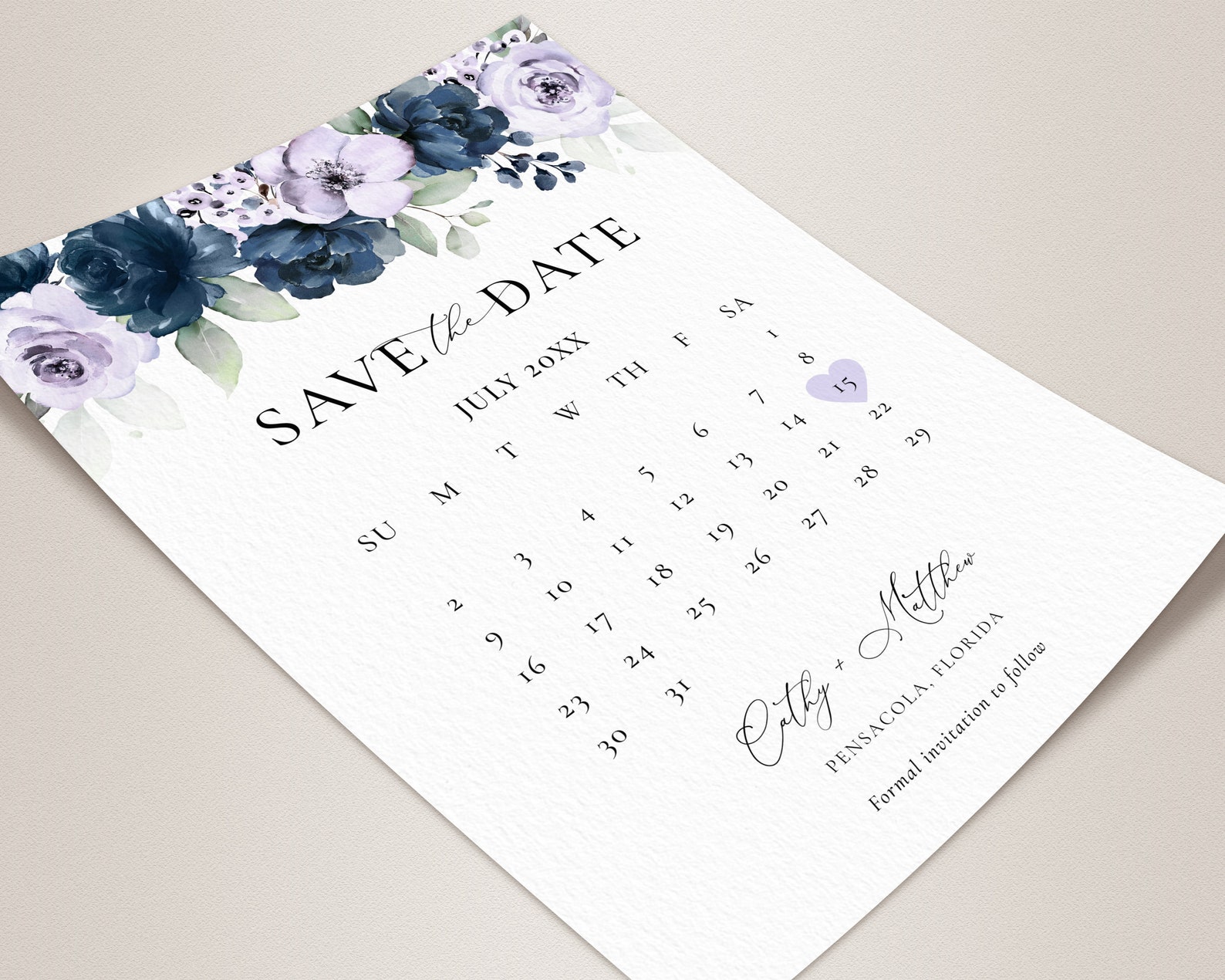 Lavender and Navy Blue Calendar Wedding Save the Date Template INSTANT ...