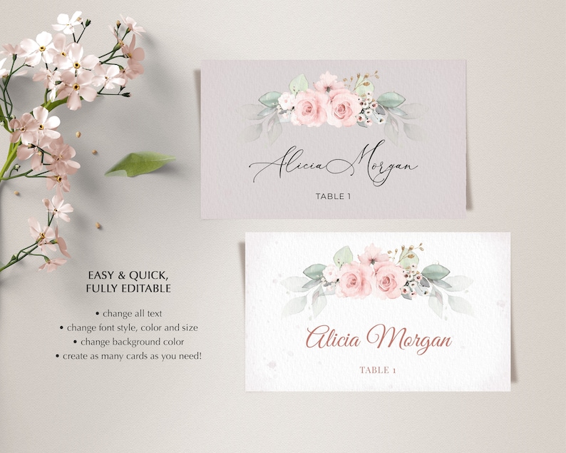 Light Pink Place Card Template Dusty Pink Place Card Flat and - Etsy