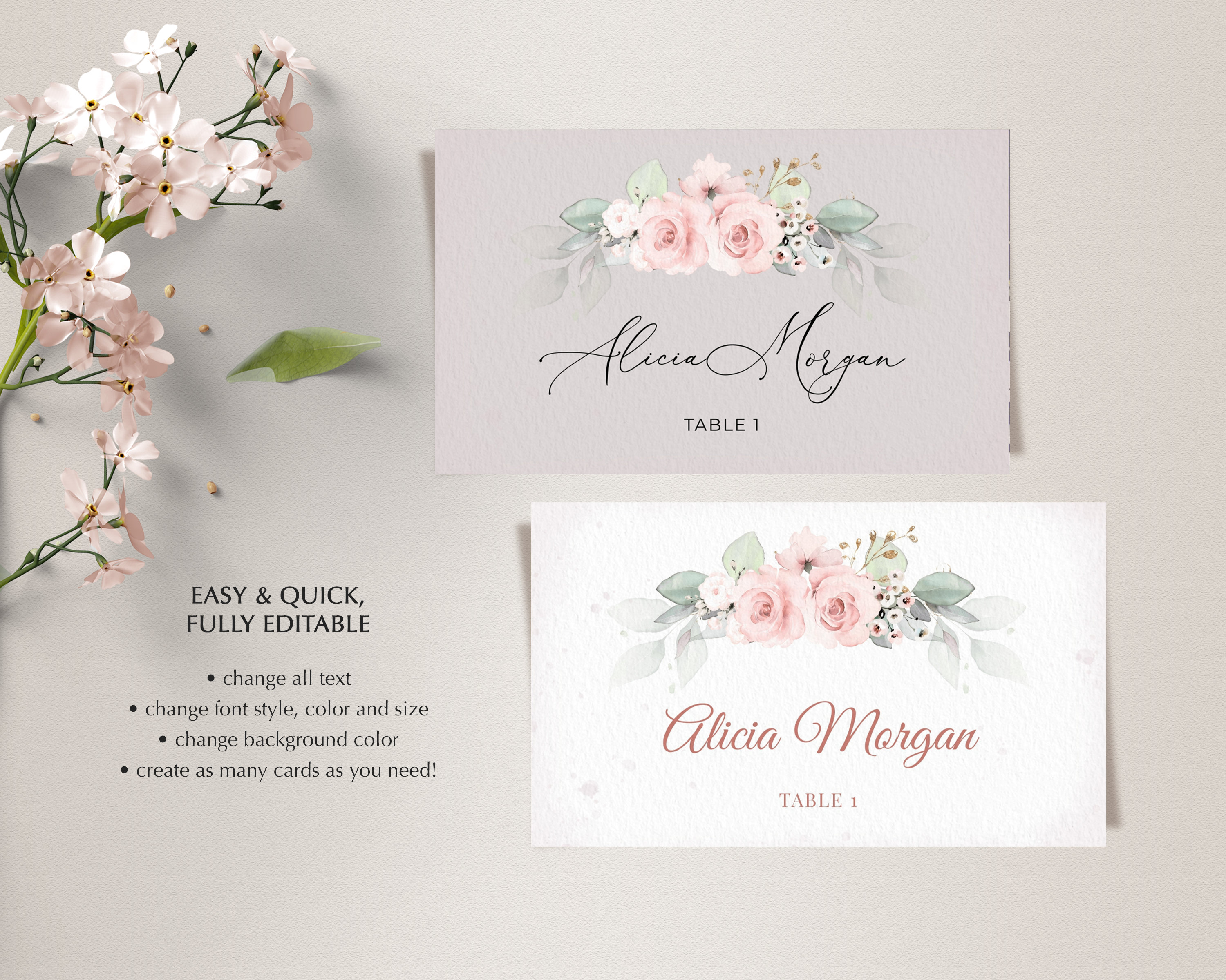 Light Pink Place Card Template Dusty Pink Place Card Flat and - Etsy