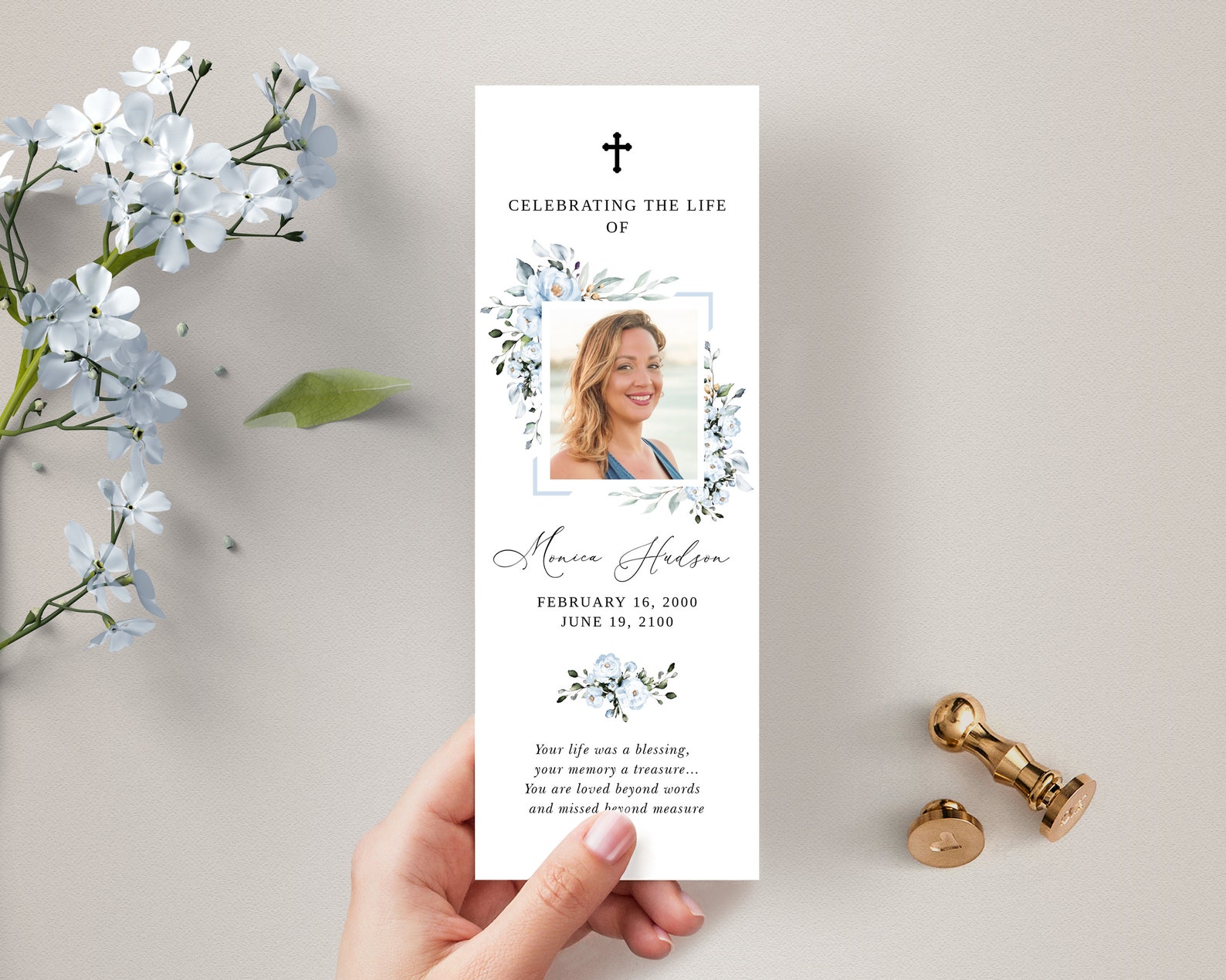 Light Blue Funeral Bookmark Template, Printable Bookmark, Funeral ...