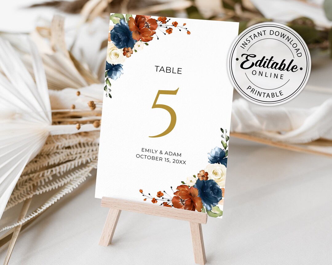 Terracotta, Navy Blue and Ivory Table Number Sign Template, Wedding ...