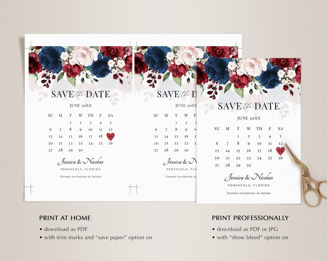 Burgundy and Navy Blue Calendar Wedding Save the Date Template ...