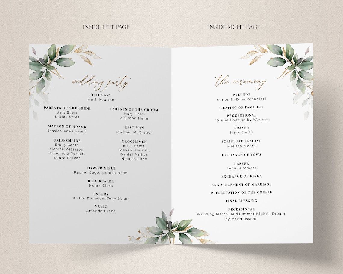 Bi-fold Greenery Wedding Program Template Wedding Order of - Etsy