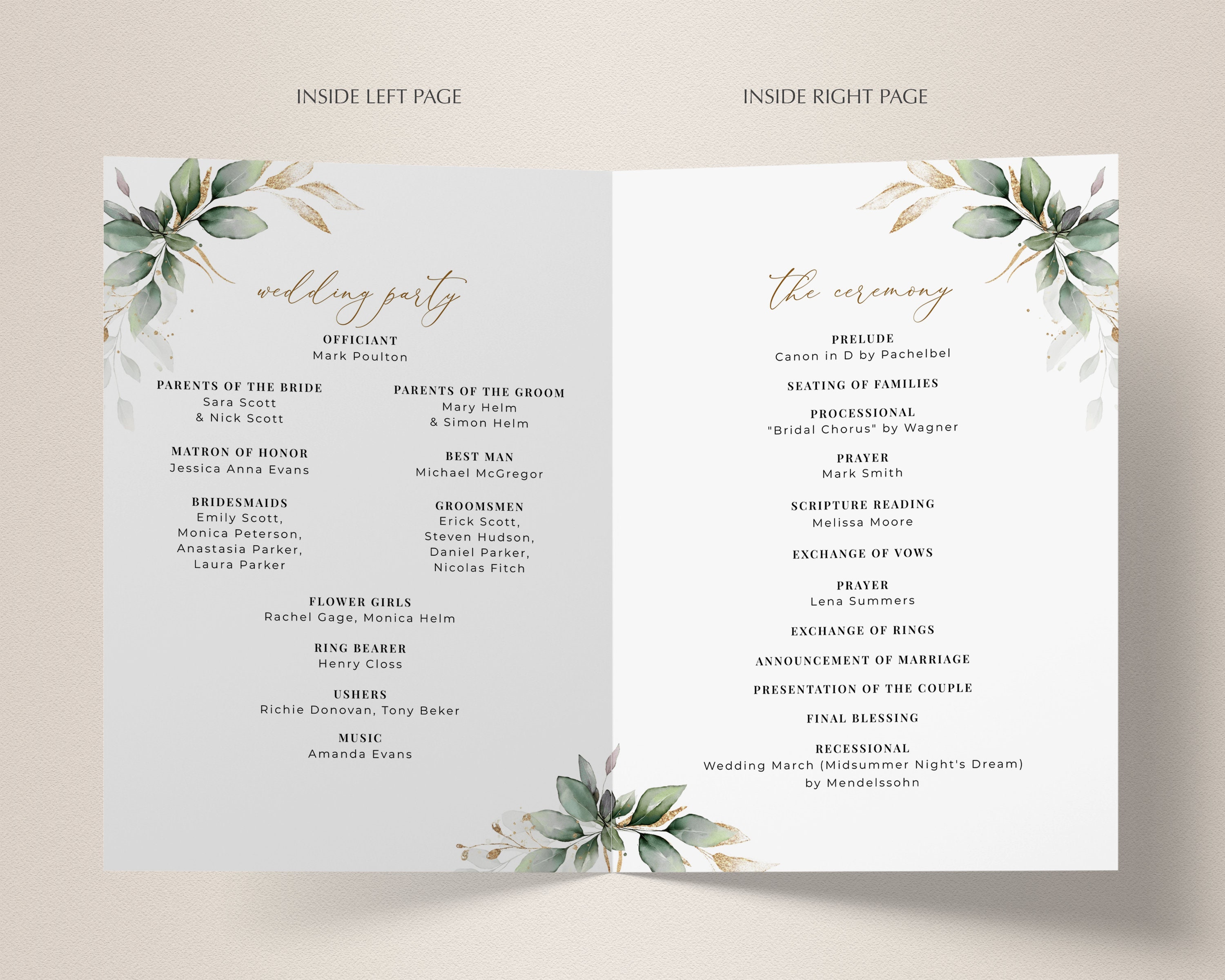 Bi-fold Greenery Wedding Program Template Wedding Order of - Etsy