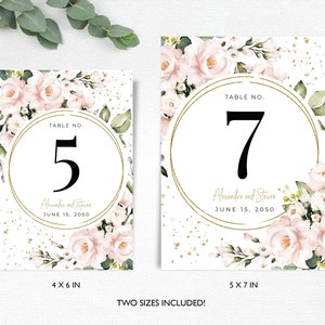 Blush Pink Wedding Table Numbers Template, Floral Table Number ...
