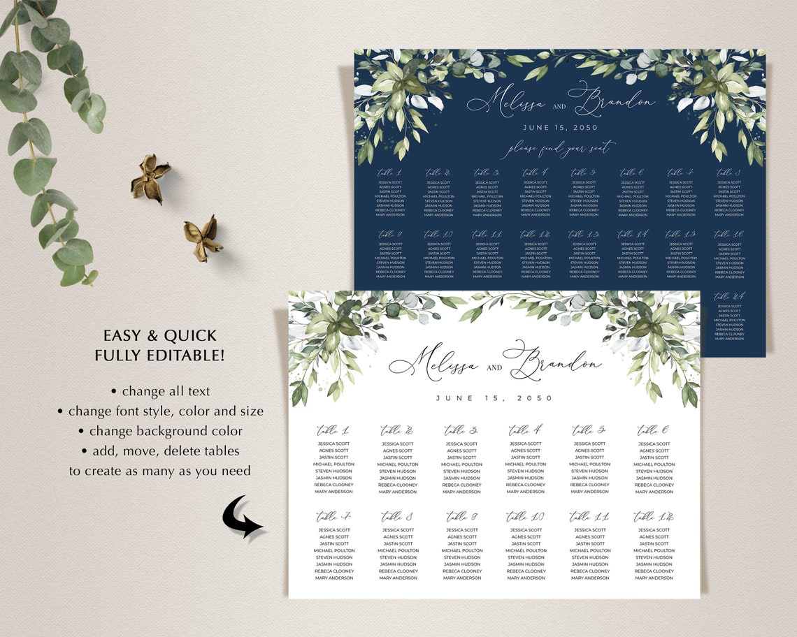Boho Greenery Wedding Seating Chart Template, Wedding Seating Board ...