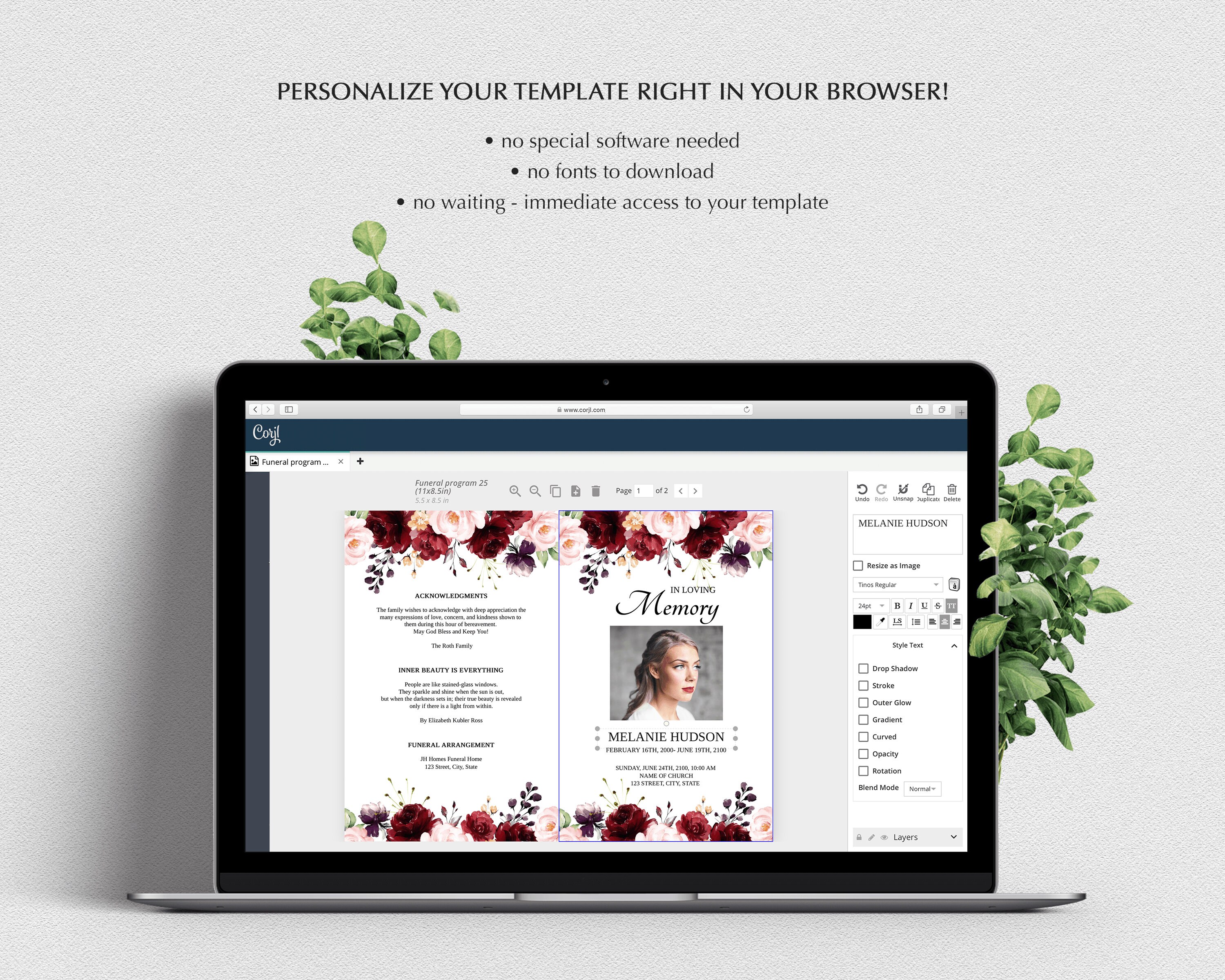 Burgundy Roses Funeral Program Template, Funeral Order of Service ...