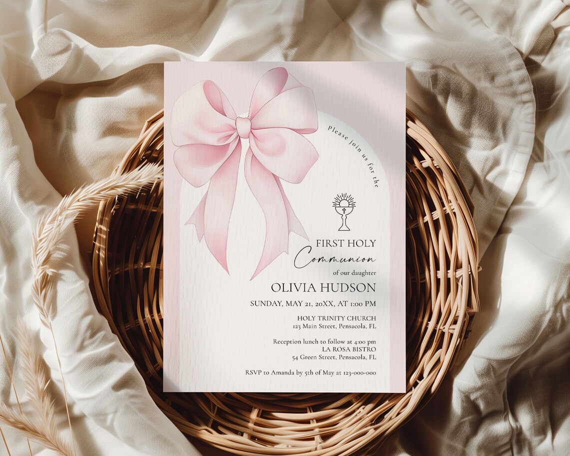 Pink Bow First Holy Communion Invitation Template • INSTANT DOWNLOAD ...