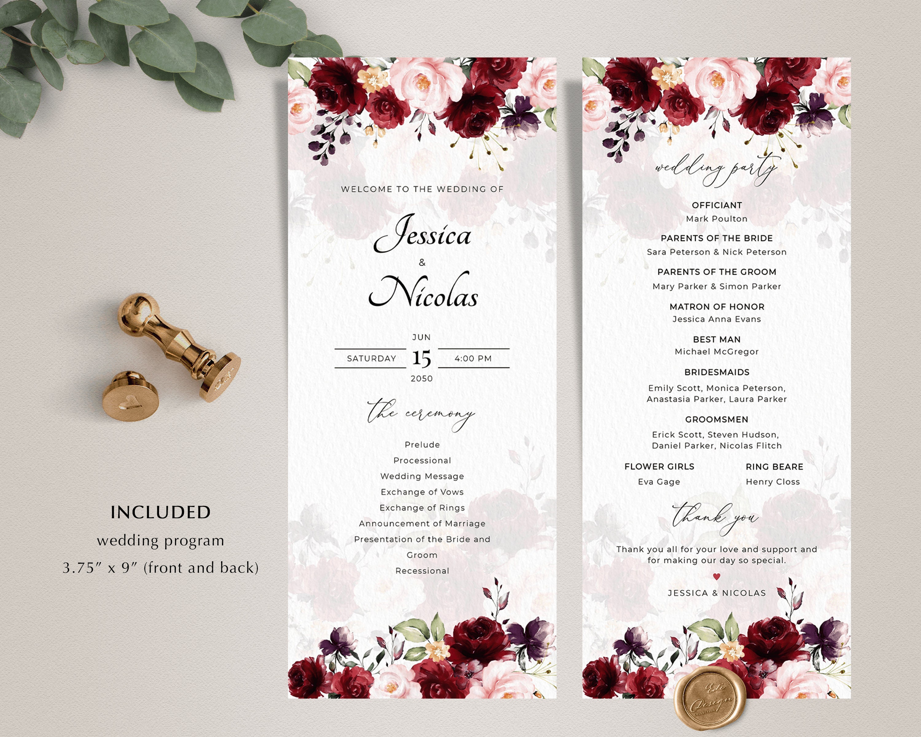 Editable Burgundy Wedding Program Template Marsala Wedding - Etsy