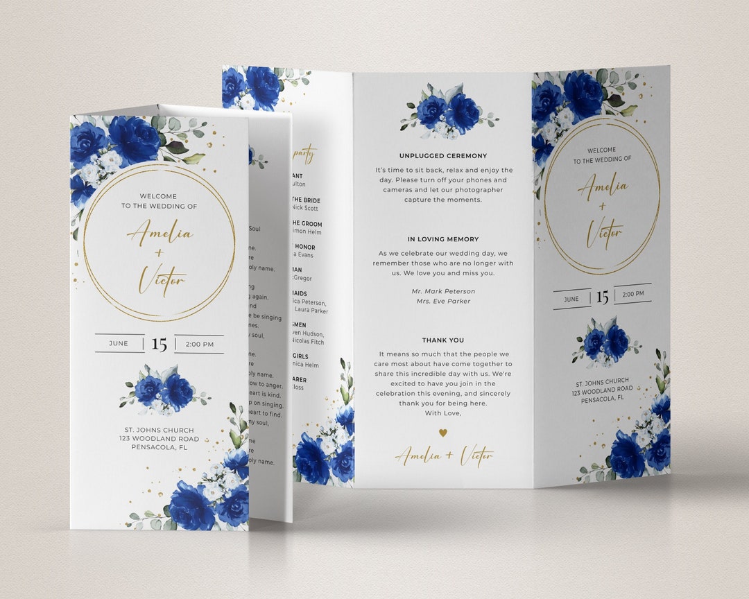 Trifold Wedding Program Template, Royal Blue and Gold Program Template ...