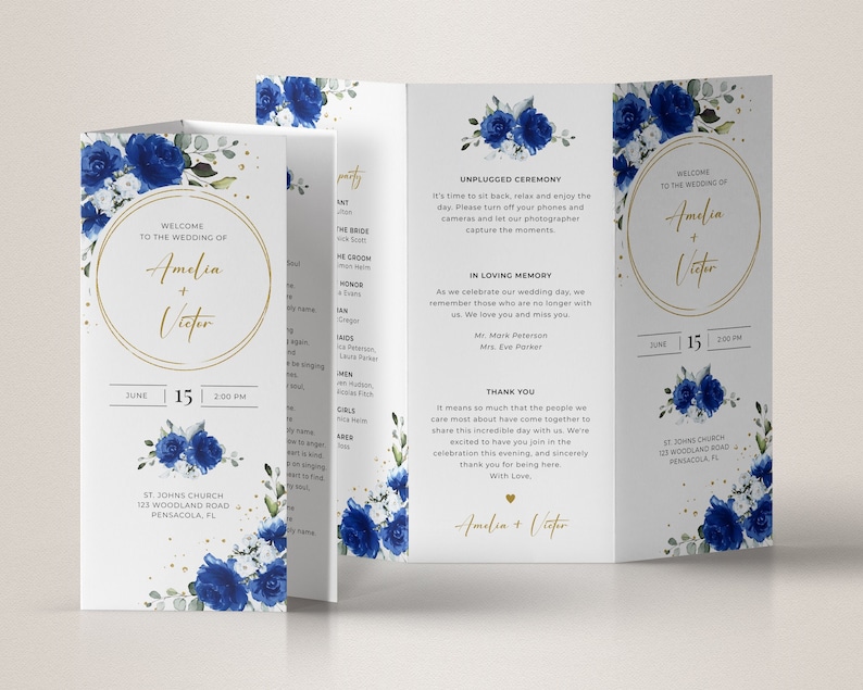 Trifold Royal Blue and Gold Wedding Program Template • INSTANT DOWNLOAD ...