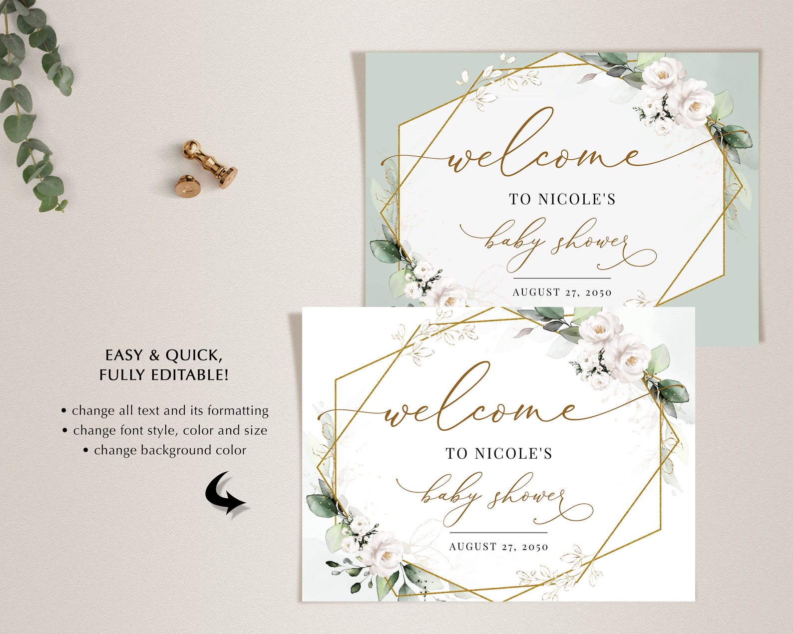 Boho Greenery Baby Shower Welcome Sign Template vertical - Etsy