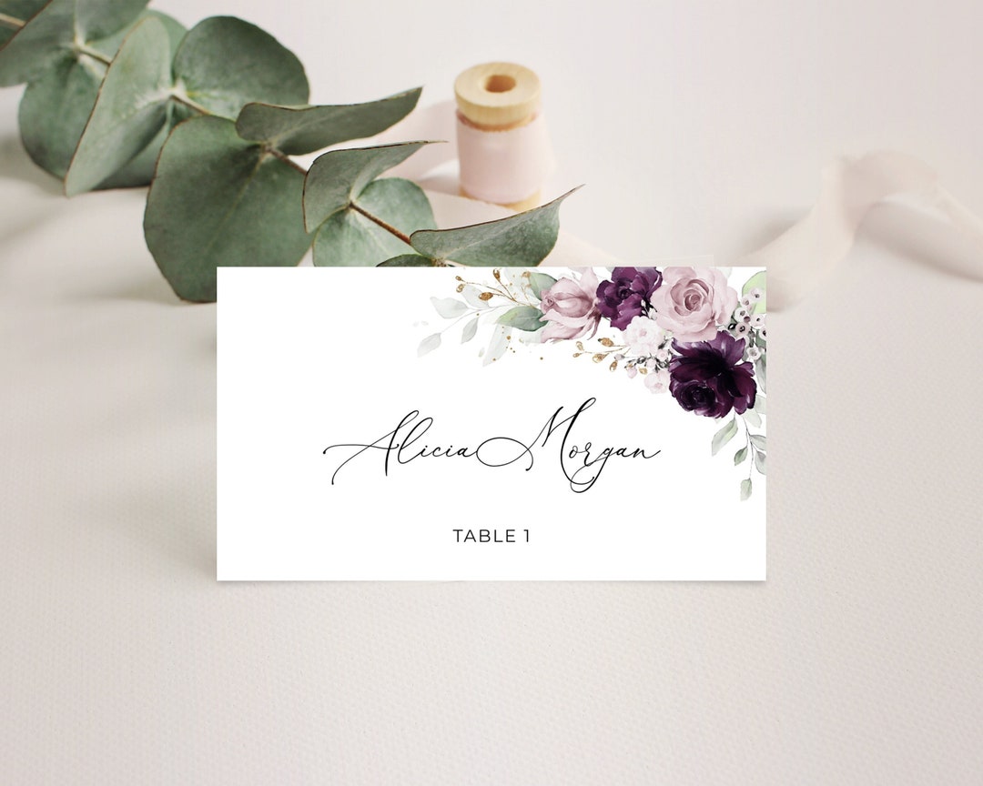 Purple and Mauve Place Card Template, Name Cards Template Flat and Tent ...