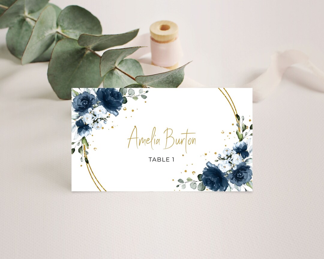 Navy Blue Place Cards Template, Place Cards Flat and Tent Folded ...