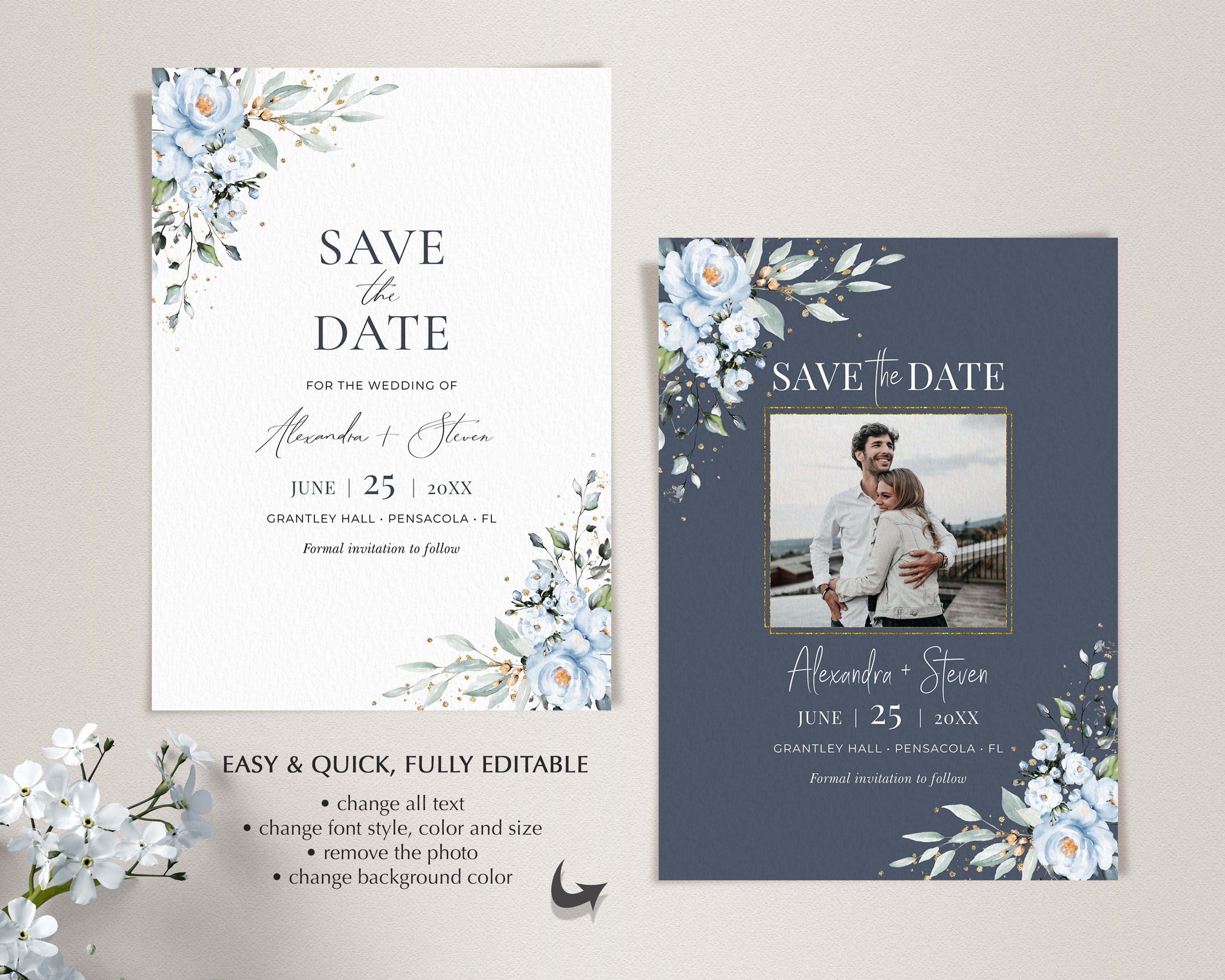 Blue Save The Date Template With Photo Save The Date Template Etsy Uk