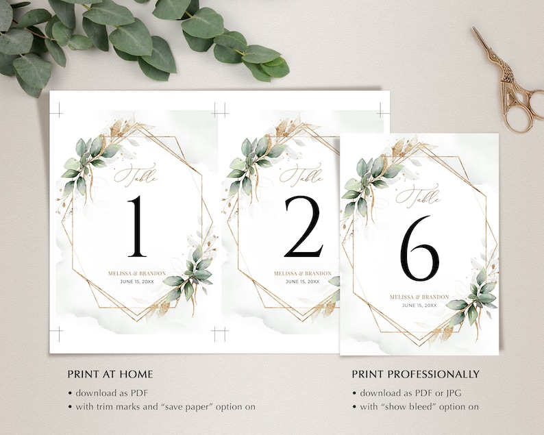 Greenery Geometric Wedding Table Numbers Template • INSTANT DOWNLOAD ...