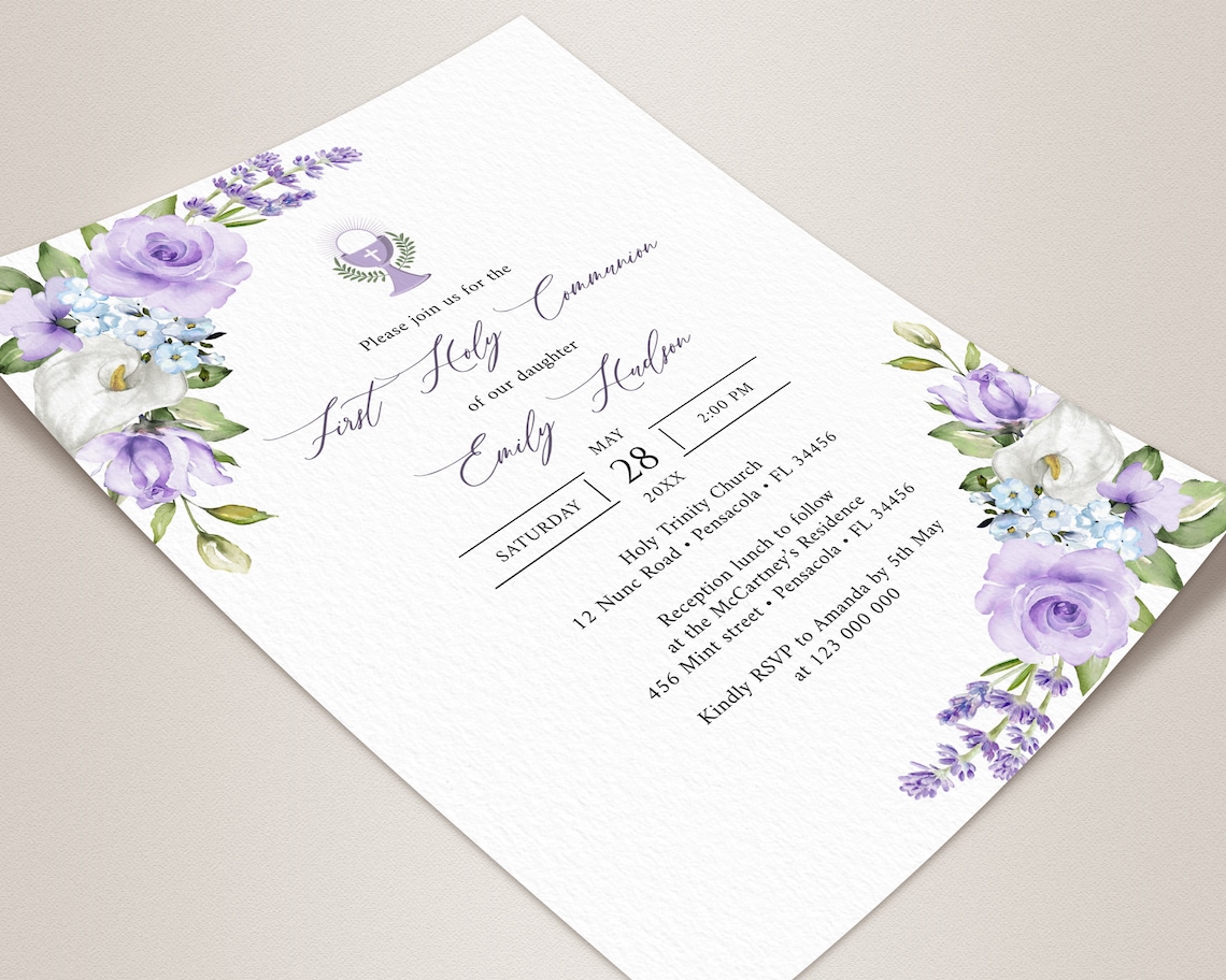 Lavender White and Blue First Holy Communion Invitation - Etsy UK