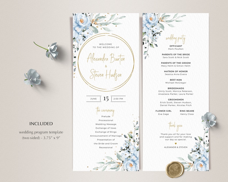 Blue Wedding Program Template Printable Floral Wedding | Etsy