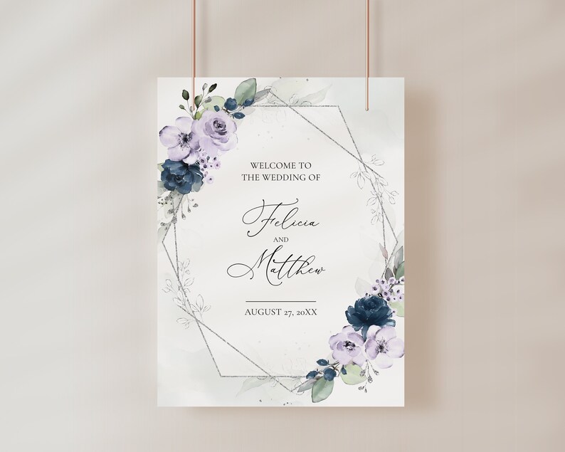 Lavender & Navy Blue Rose Wedding Welcome Sign Template (digital ...