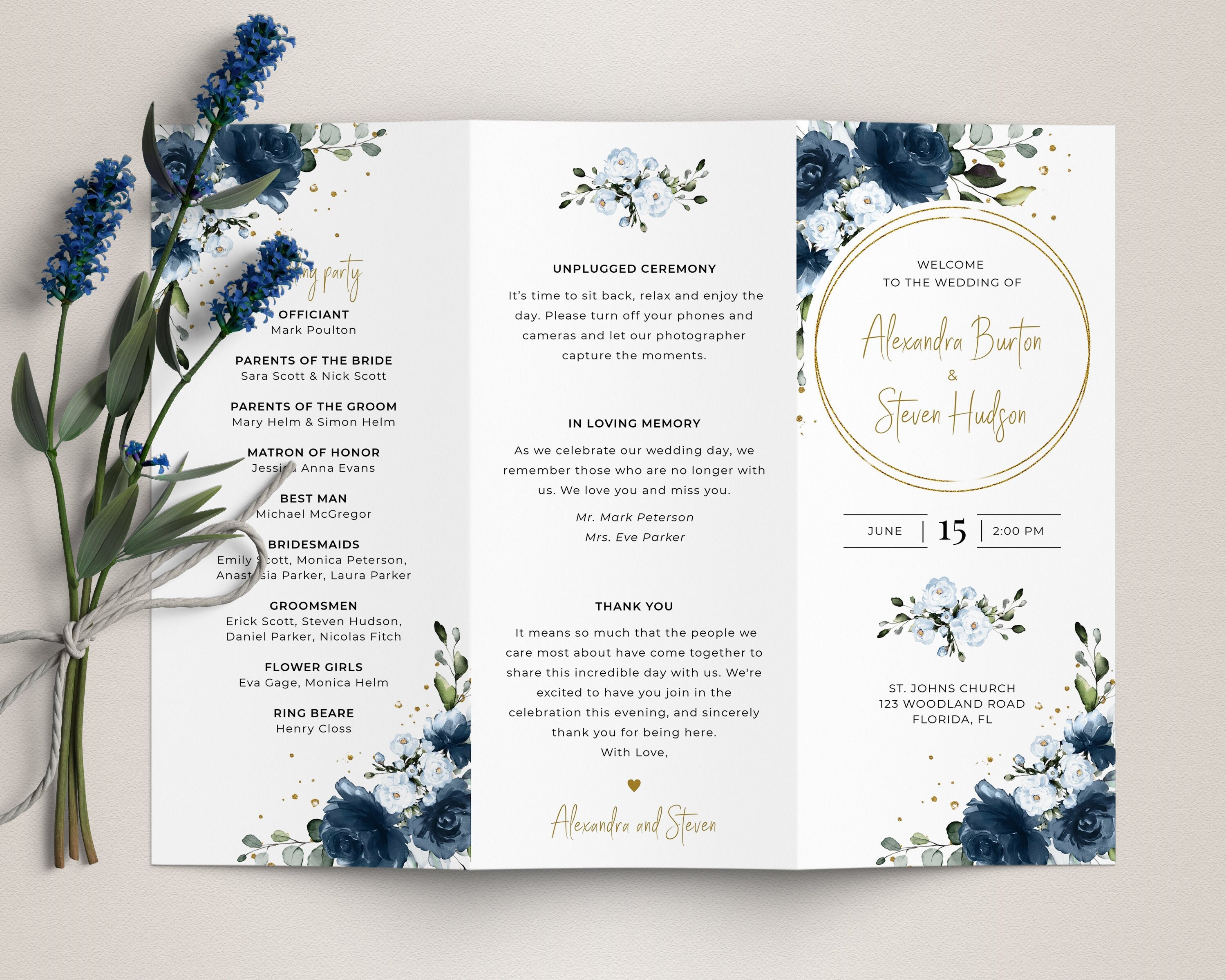 Trifold Wedding Program Template with Navy Blue Roses | Etsy