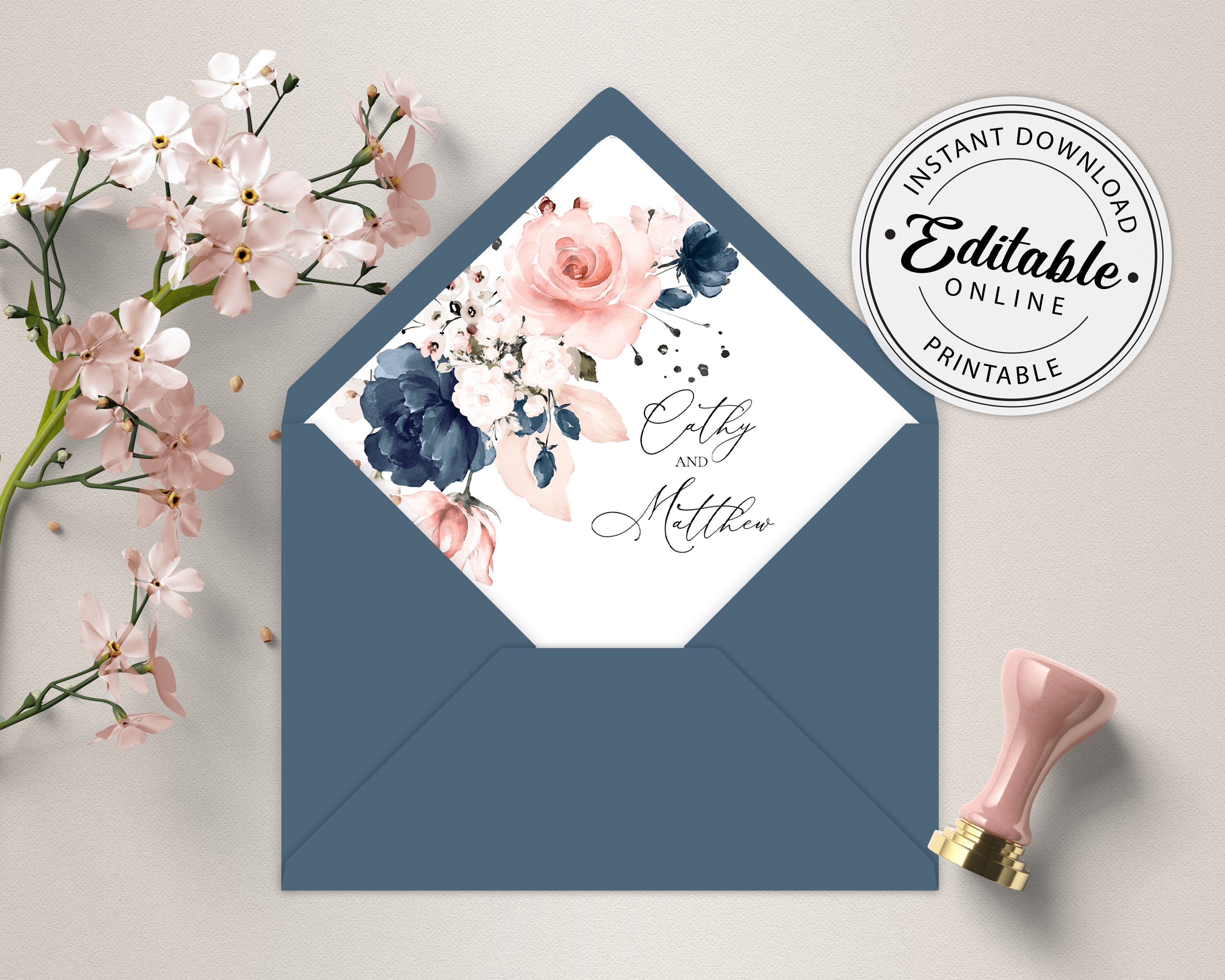 Navy Blue and Blush Pink A7 Envelope Liner Template A7 Euro | Etsy