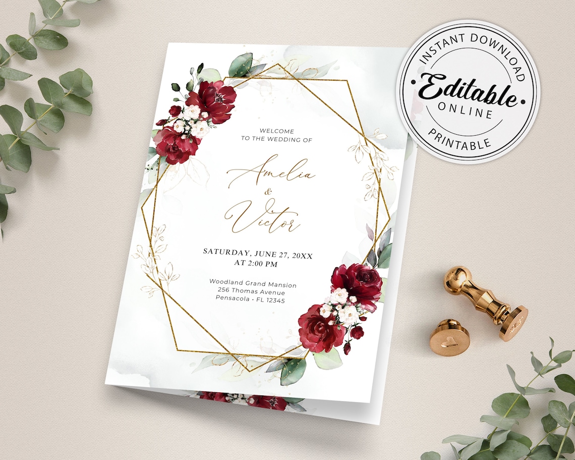 Burgundy Roses Wedding Bi-fold Program Template (digital Download) #141 ...