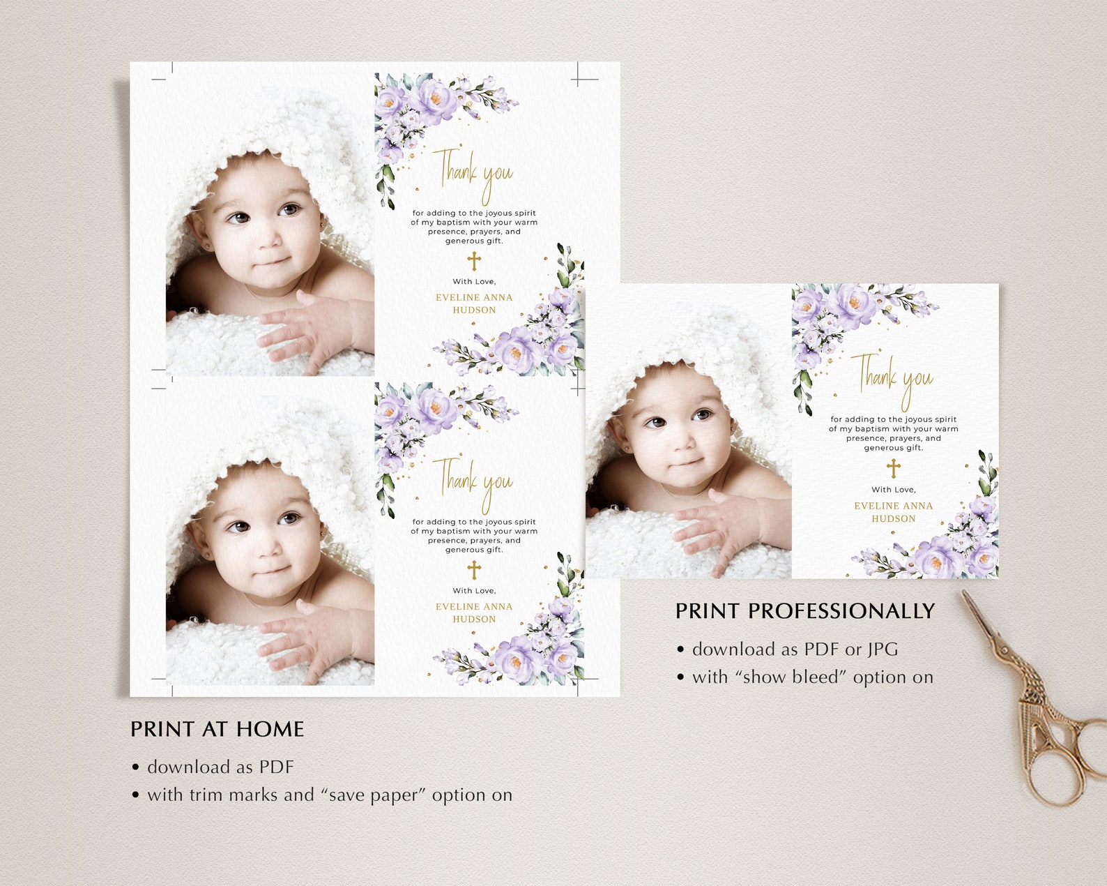 Baptism Thank You Card Template With Lavender Roses, Thank You Note ...