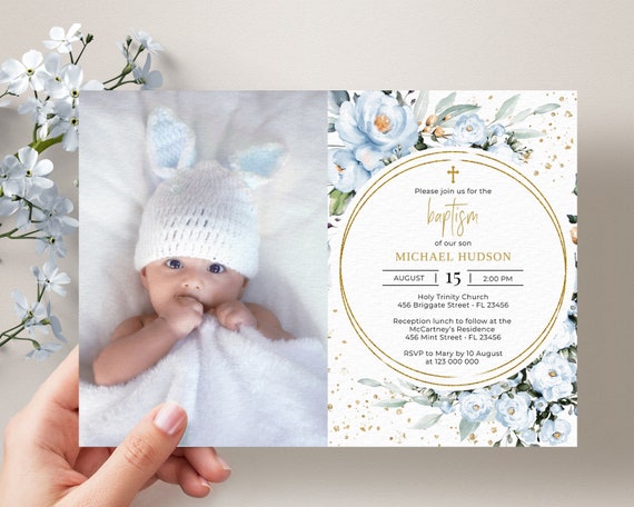 Blue Baptism Invitation Template Christening Communion - Etsy