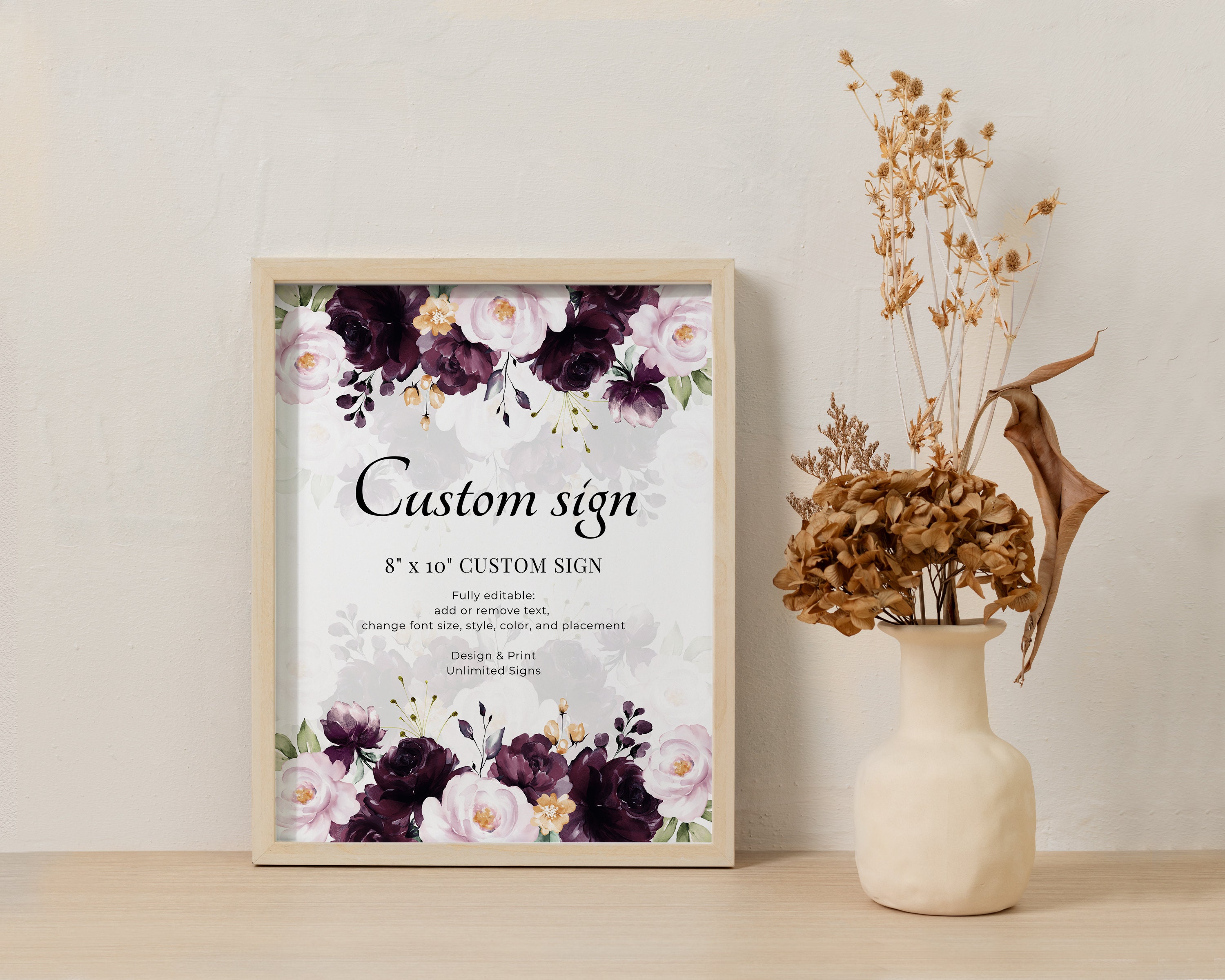 Purple Wedding Custom Sign Template, Portrait and Landscape Dark Plum ...