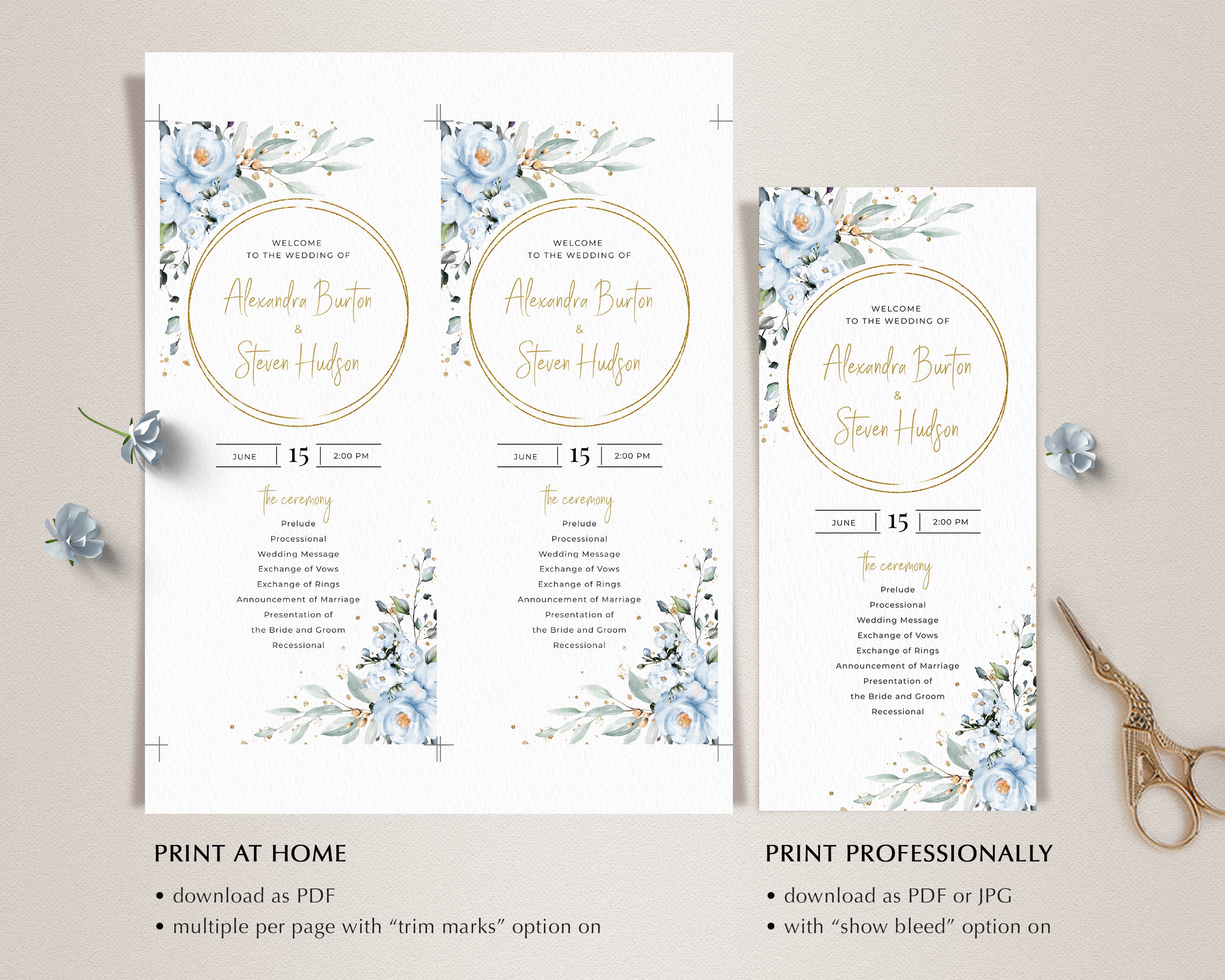 Blue Wedding Program Template, Printable Floral Wedding Program ...