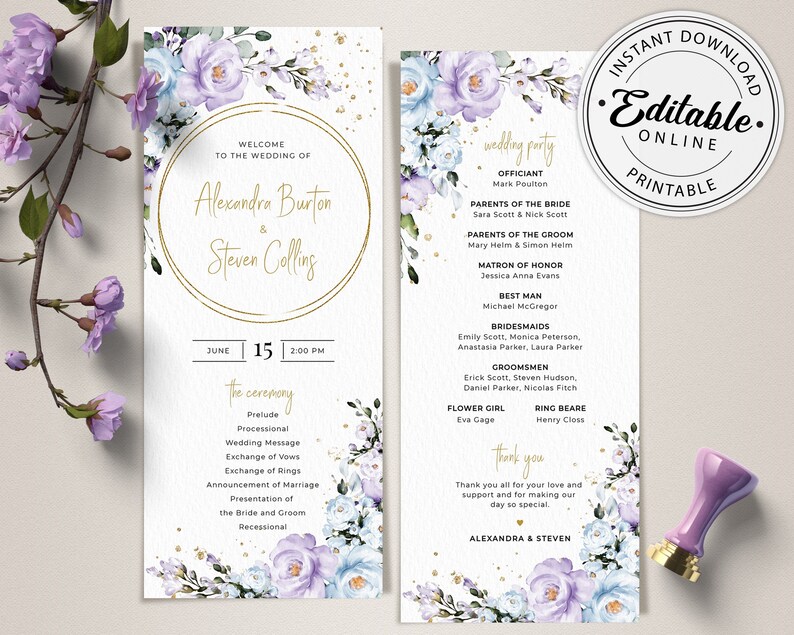Lavender and Blue Wedding Program Template Lavender Floral - Etsy
