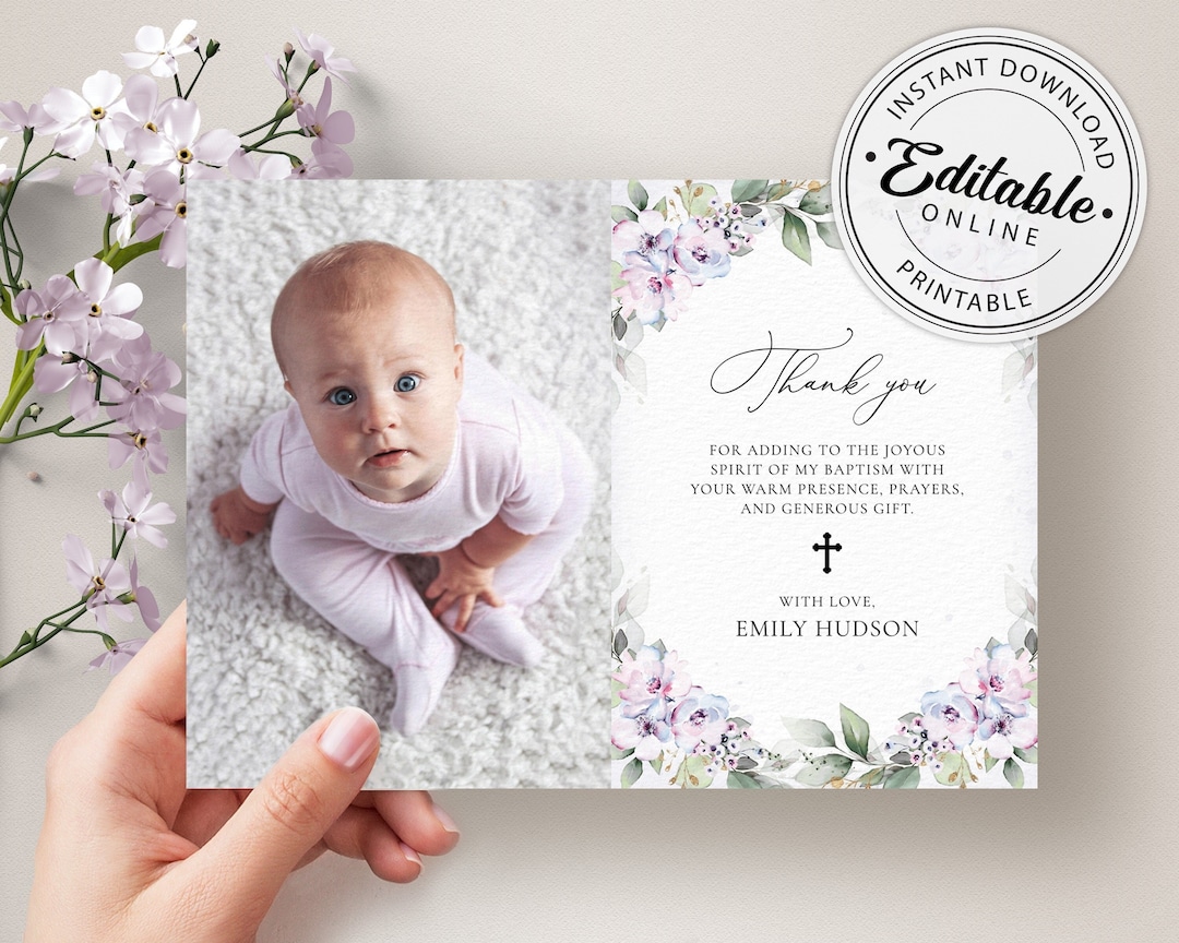 Baptism Thank You Card Template With Lavender Roses, Thank You Note ...