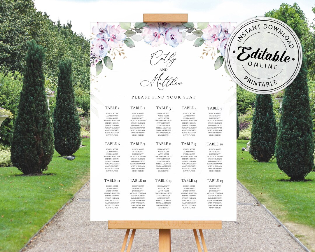 Boho Wedding Seating Chart Template With Lavender Roses • INSTANT ...