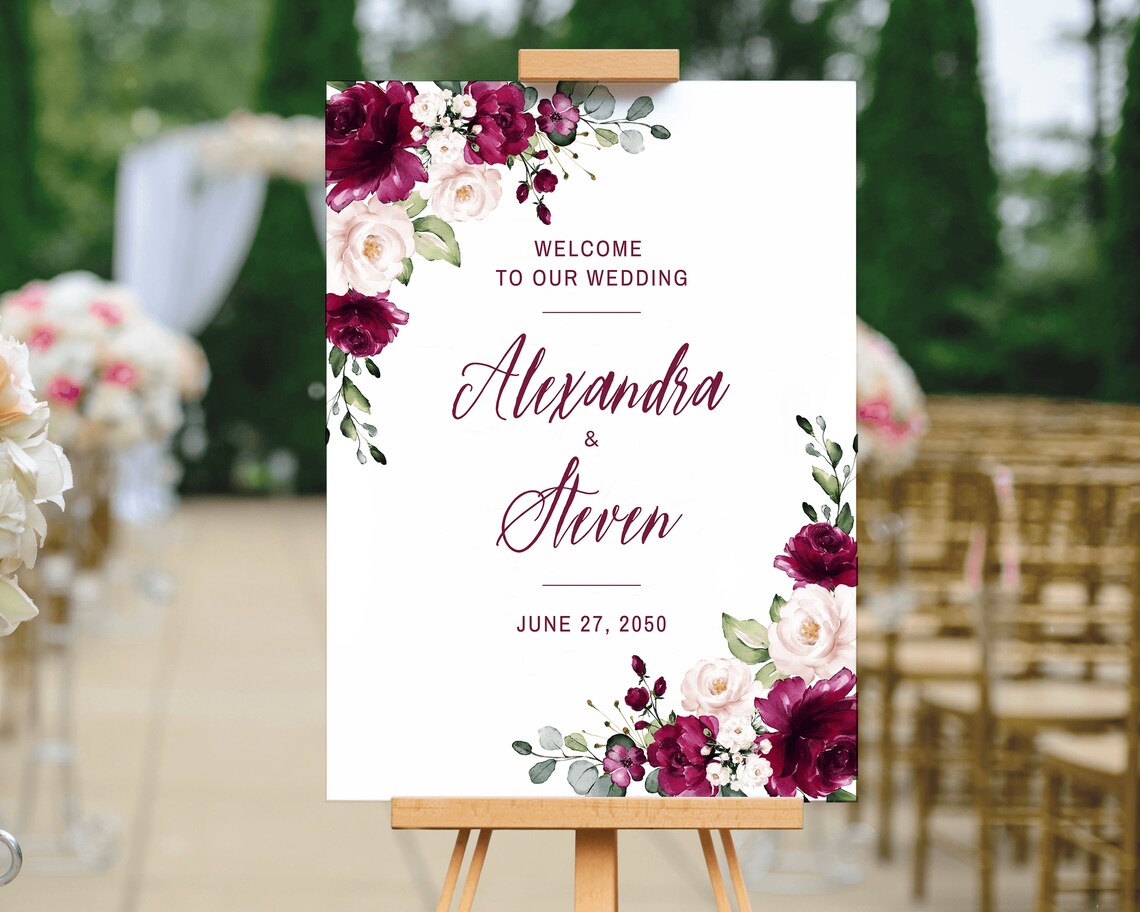 Burgundy Wedding Welcome Sign Template Marsala Welcome Sign | Etsy