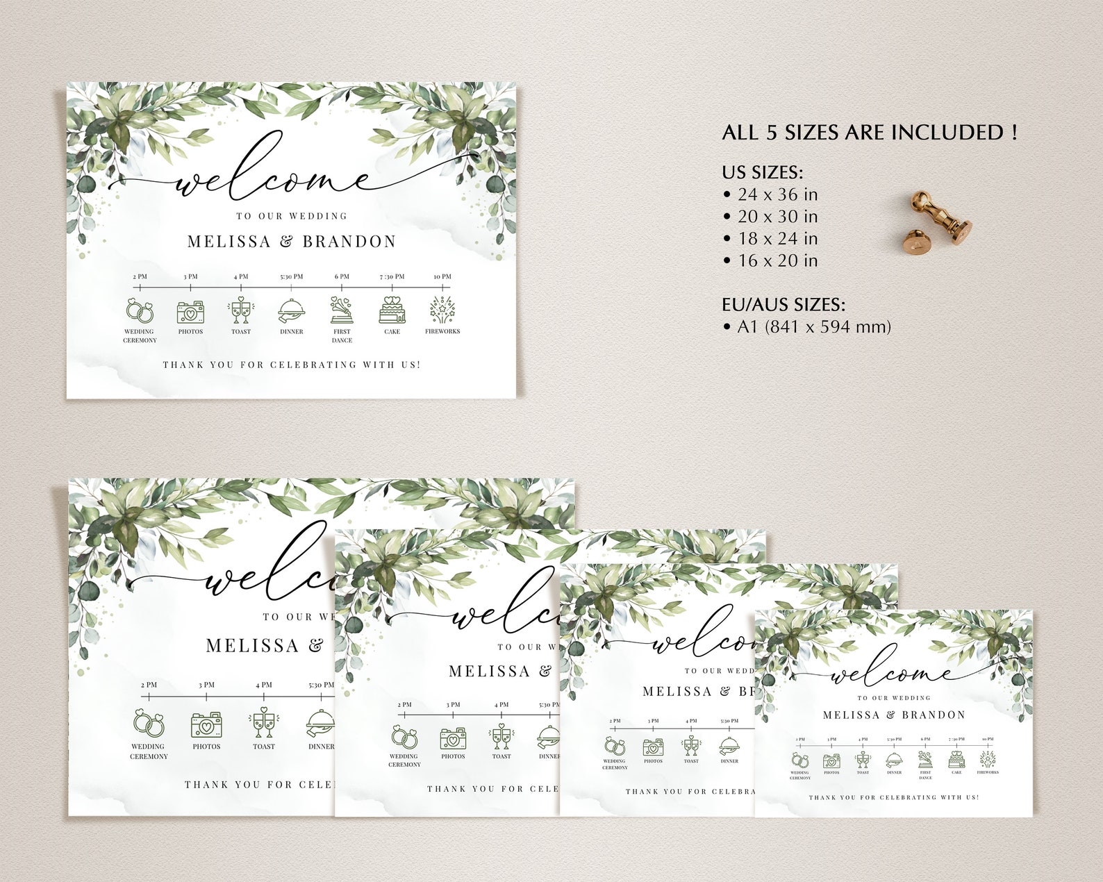 Greenery Wedding Timeline Sign Template Wedding Day Schedule | Etsy