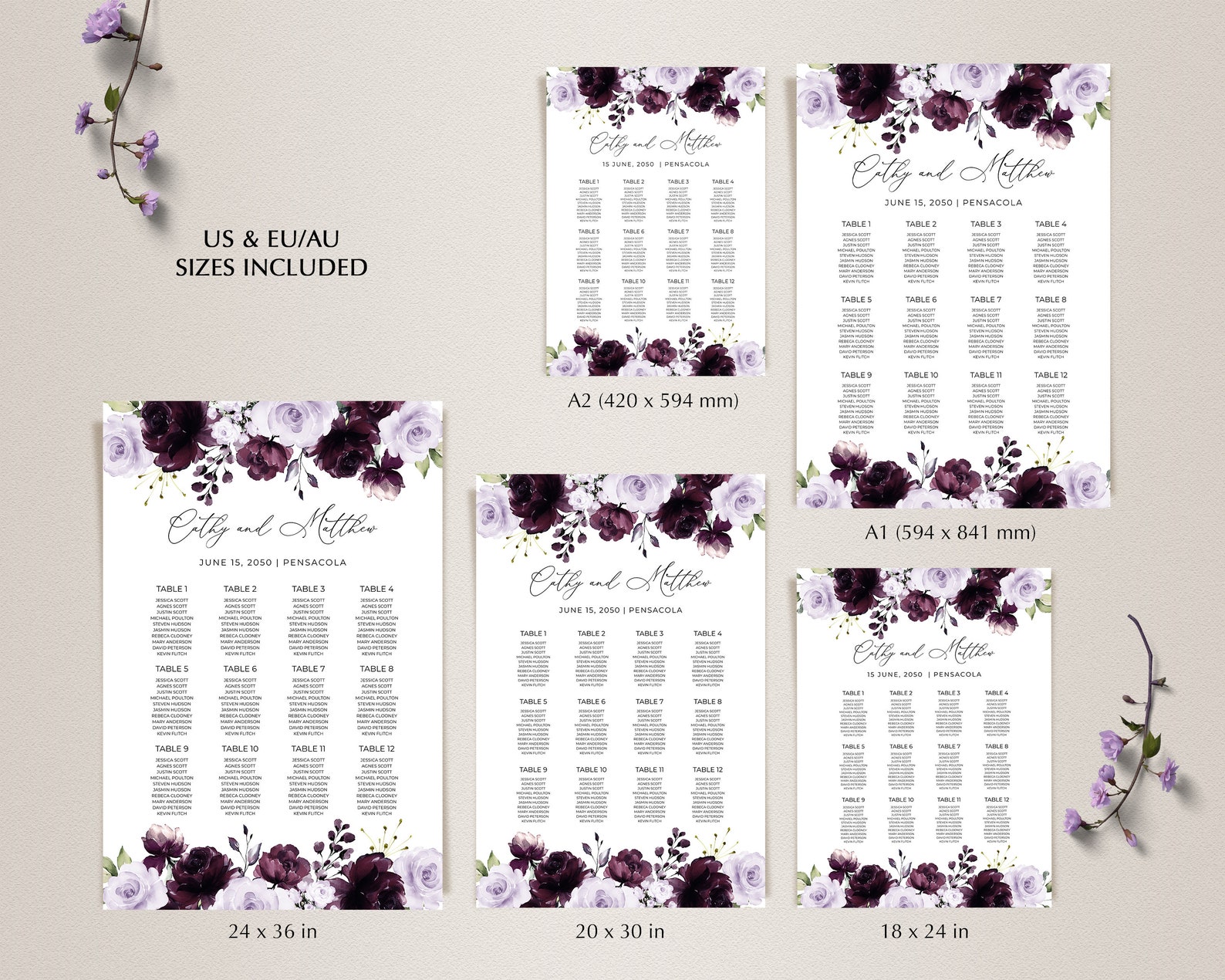 Purple Floral Wedding Seating Chart Template (instant Download) A124 - Etsy