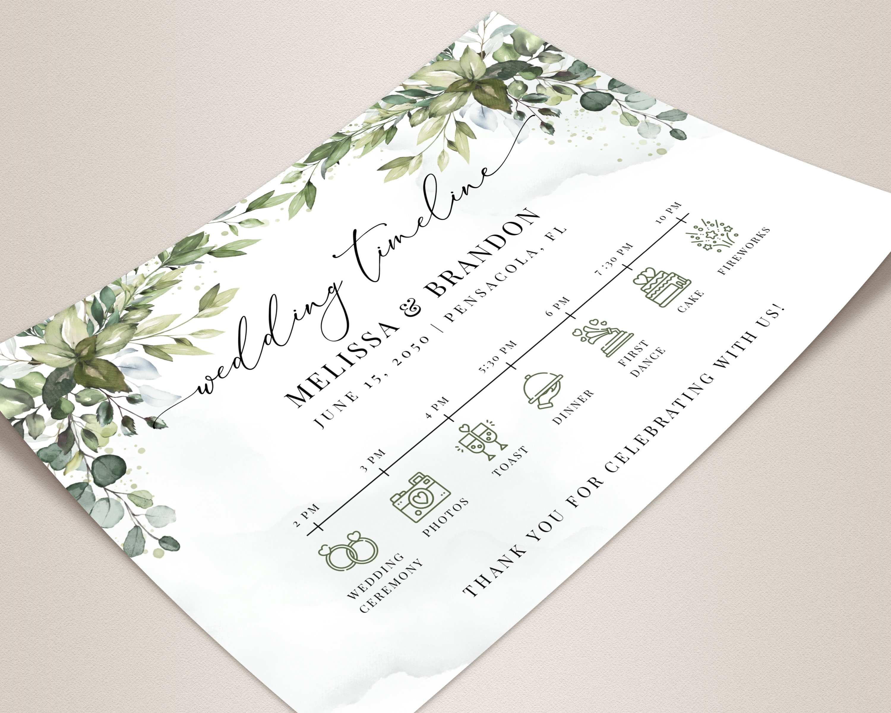 Greenery Wedding Timeline Card Template Wedding Day Schedule | Etsy