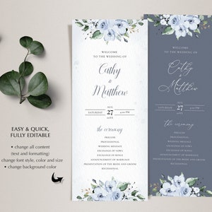 Blue Floral Wedding Program Template, Editable Printable (instant ...