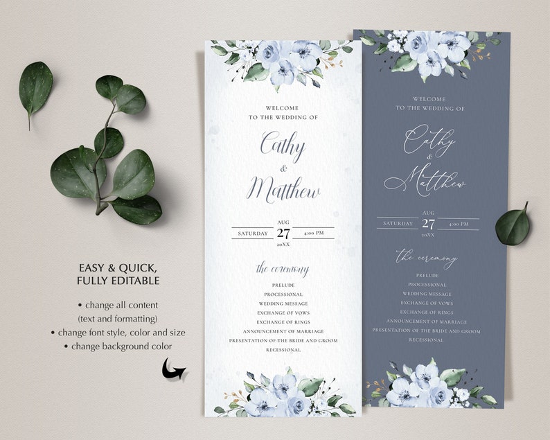 Blue Wedding Program Template, Printable Floral Wedding Program ...