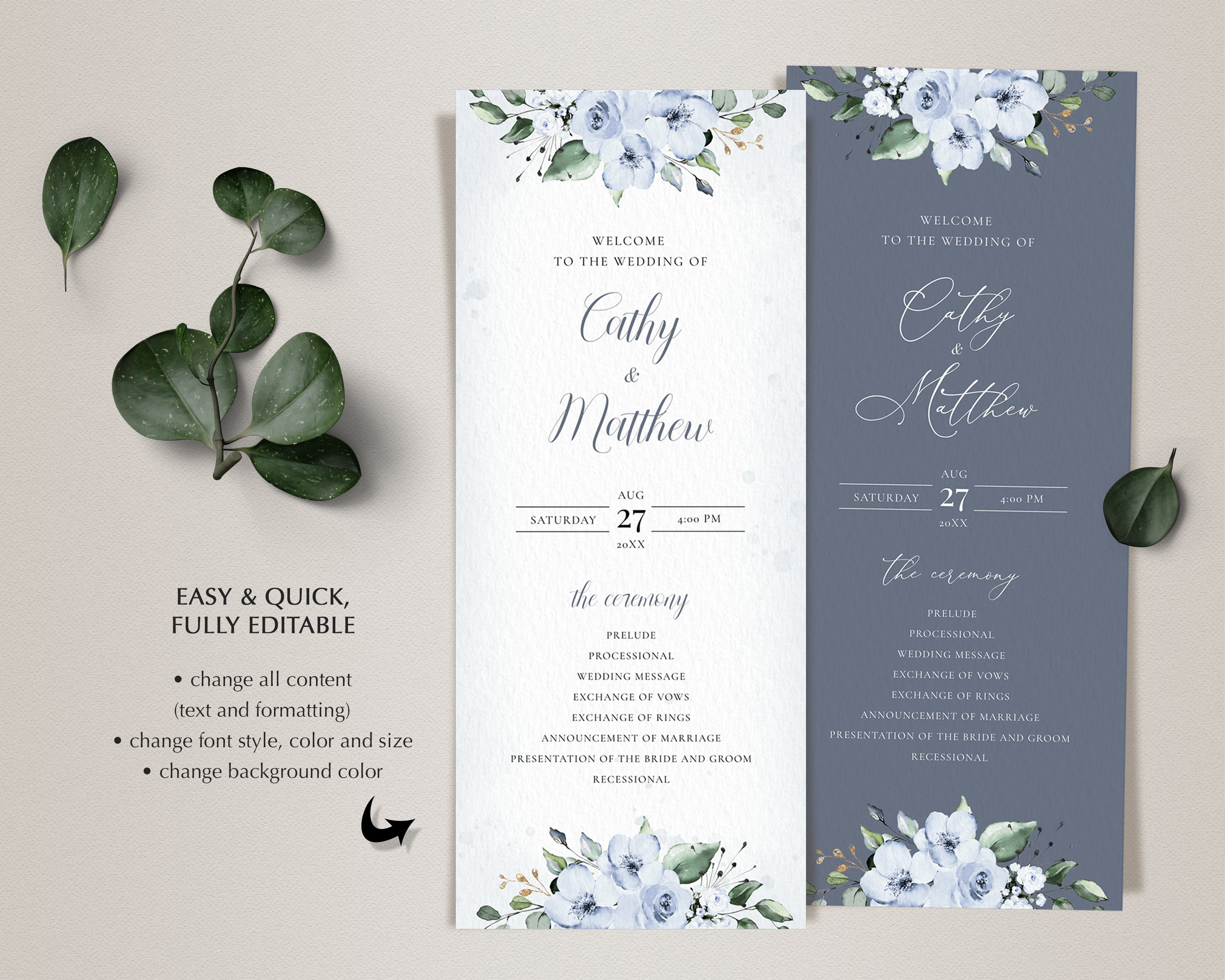 Blue Wedding Program Template Printable Floral Wedding - Etsy
