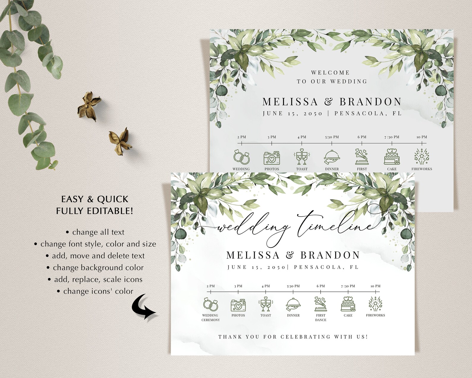 Greenery Wedding Timeline Sign Template Wedding Day Schedule - Etsy Canada