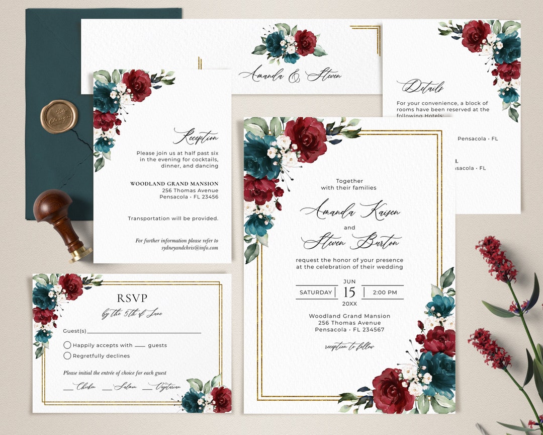 Burgundy and Dark Teal Wedding Invitations Template Suite, Wedding Invitation Set • INSTANT ...
