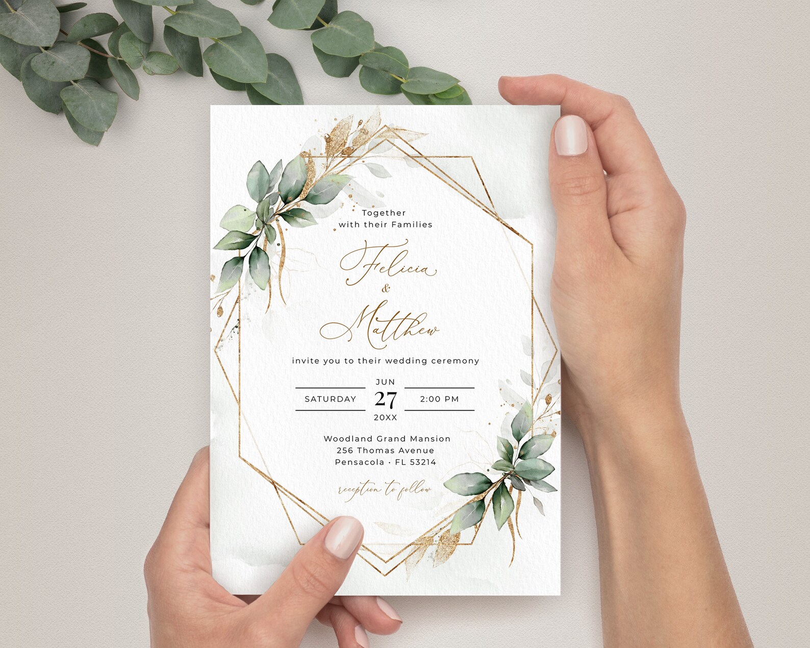 Greenery Wedding Invitation Template • Geometric Invitation Template ...