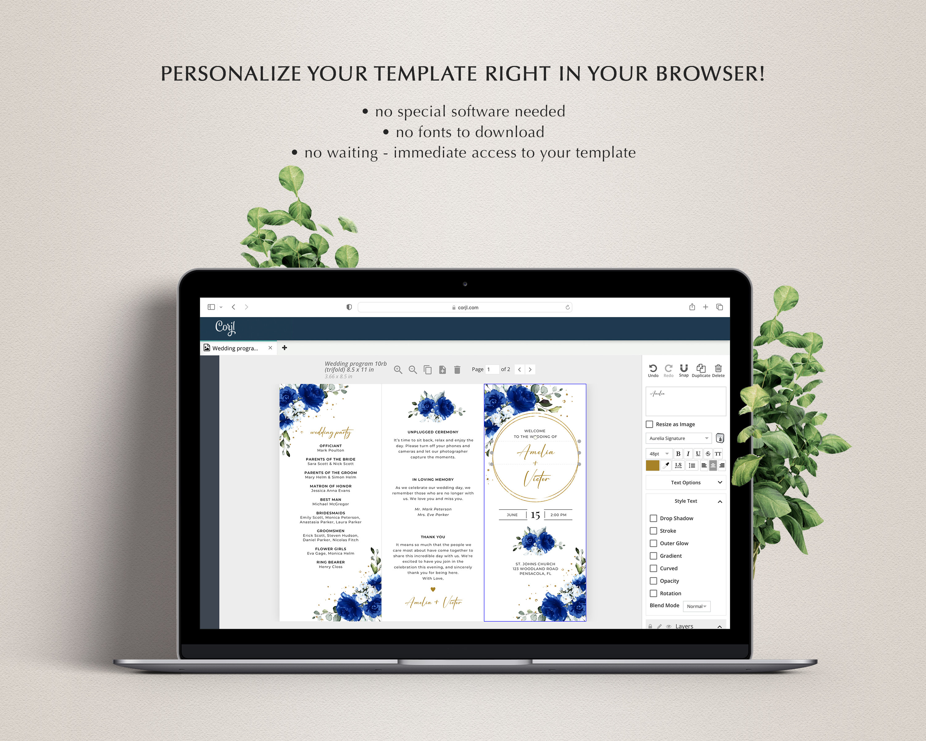 Trifold Royal Blue and Gold Wedding Program Template • INSTANT DOWNLOAD ...