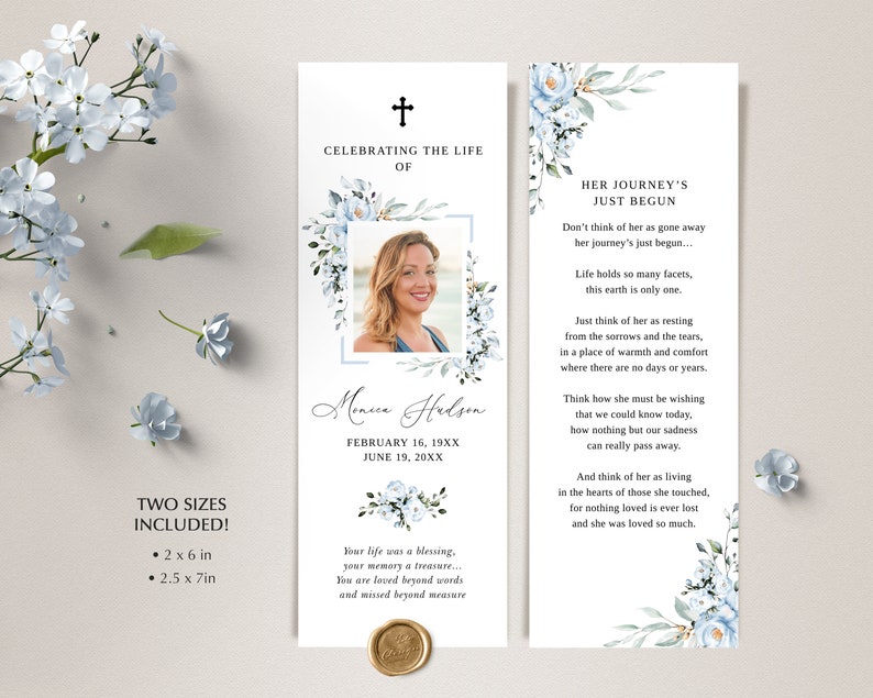 Light Blue Funeral Bookmark Template, Printable Bookmark, Funeral ...
