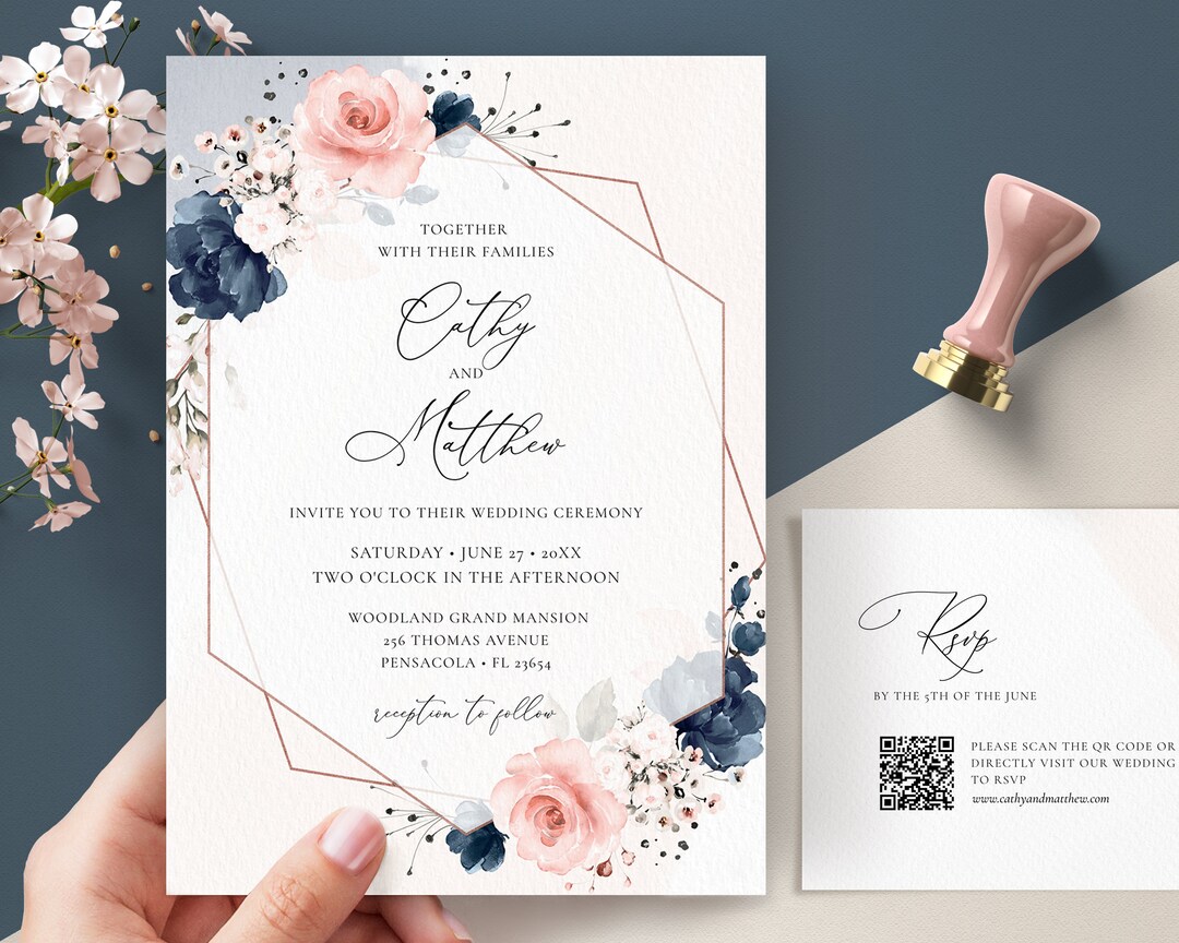 Navy Blue and Blush Pink Floral Wedding Invitation Template (digital ...