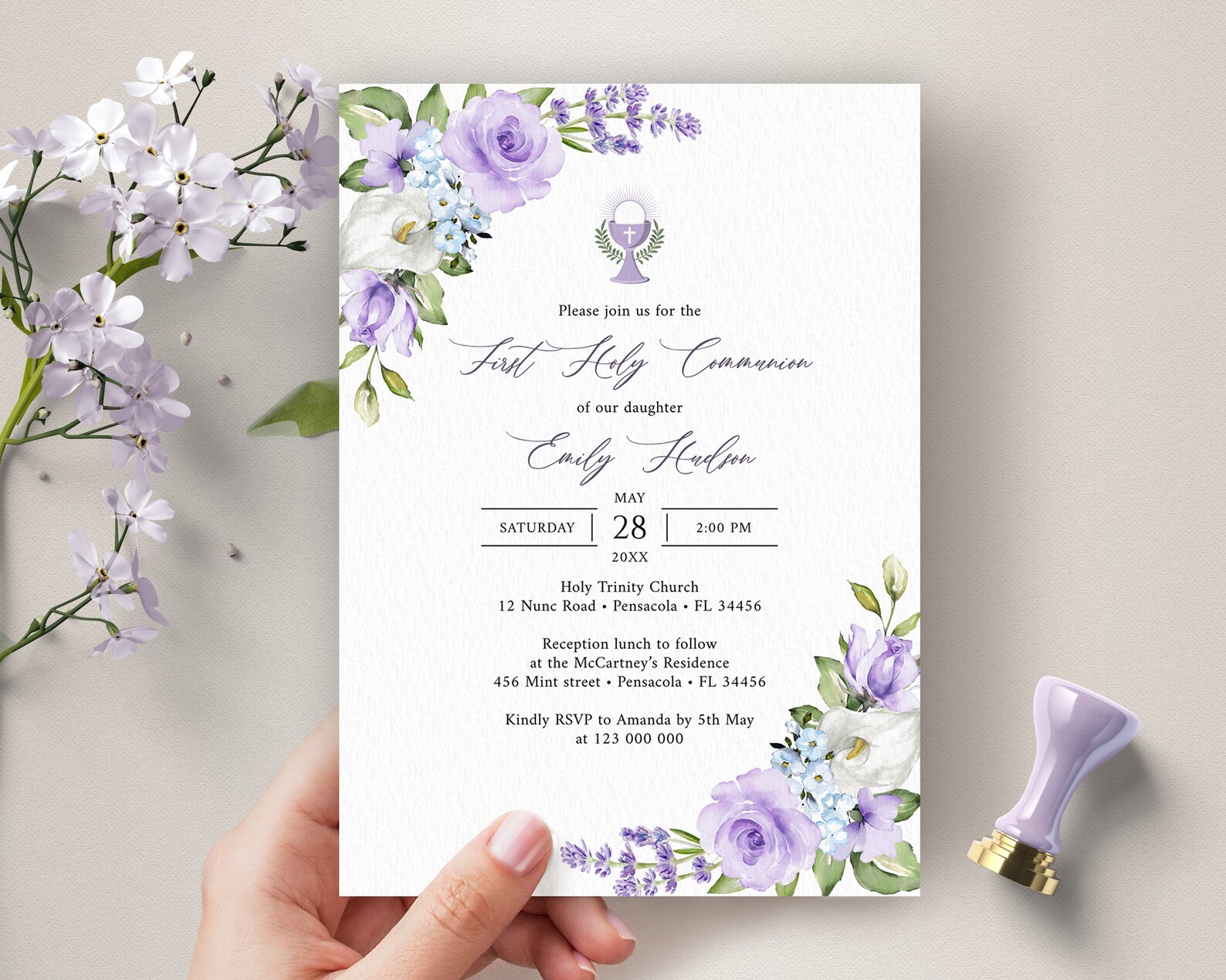 Lavender, White and Blue First Holy Communion Invitation Template ...
